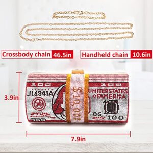 LADIHAB Money Roll Purse Bling Diamond Purse for Women Sparkly Purse Dollar Clutch Purse Red Rhinestones Evening Clutch for Party