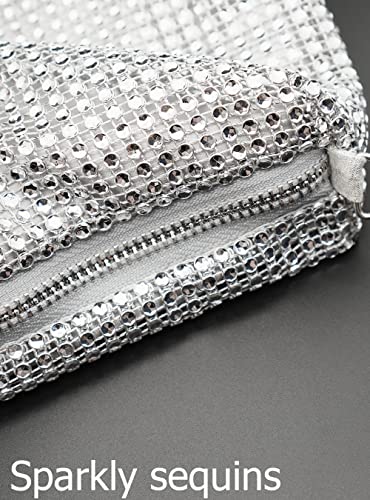 YIKOEE Crystal Rhinestone Clutch Purses for Women Evening Bag with Chain (Silver)