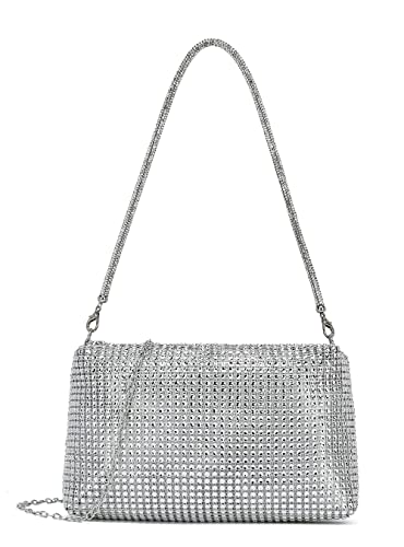 YIKOEE Crystal Rhinestone Clutch Purses for Women Evening Bag with Chain (Silver)