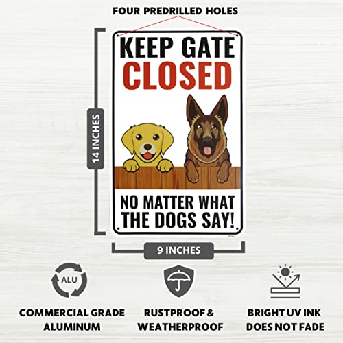 Venicor Dog Keep Gate Closed Sign - 14 x 9 Inches - Aluminum - Dog on Premises Outdoor Sign - Welcome Dog Door Sign