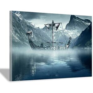 cinord landscape cold north sea viking long ship canvas painting on the wall art posters bedroom home decor living room prints (framed,60x90cm)