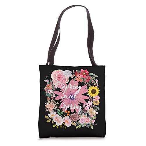 Bright Spring Flowers on Black Fashion Tote Bag