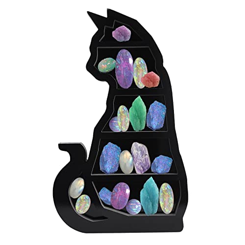 Cute Black Cat Wall Shelf,Wooden Crystal Shelf Jewelry Holder,Crystal Moon Shelf Decorative for Living Room,Dinning Room,Bed Room,Bath Room,Kids Room