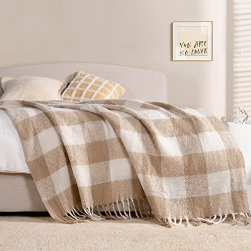 Carriediosa Buffalo Beige Throw Blankets with Tassel, Plaid Lightweight Soft Cozy Blanket for Couch Bed Sofa Chair, Woven Checkered Farmhouse Blankets (Beige Plaid 50" x 60")