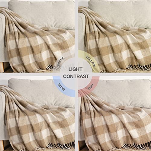 Carriediosa Buffalo Beige Throw Blankets with Tassel, Plaid Lightweight Soft Cozy Blanket for Couch Bed Sofa Chair, Woven Checkered Farmhouse Blankets (Beige Plaid 50" x 60")