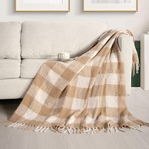 Carriediosa Buffalo Beige Throw Blankets with Tassel, Plaid Lightweight Soft Cozy Blanket for Couch Bed Sofa Chair, Woven Checkered Farmhouse Blankets (Beige Plaid 50" x 60")