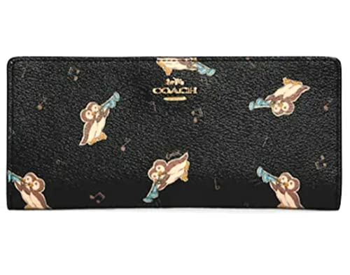 COACH Womens Slim Wallet In Leather (Penguin Print- Gold/Black Multi)