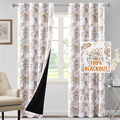 H.VERSAILTEX 100% Blackout Curtains for Bedroom Paisley Floral Printed Curtains 84 Inches Long Grommet Curtains & Drapes Thermal Curtains Window Treatments with Black Liner 2 Panels, Taupe