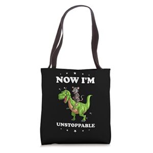 opossum riding a t-rex design for dinosaur and possum tote bag