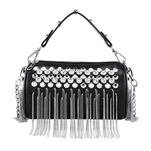 primila rhinestone crossbody handbag clutch fringe rhinestone purse top handle rivet tote shoulder punk party club bag (black,small)