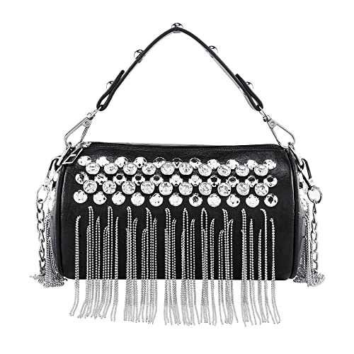 Primila Rhinestone Crossbody Handbag Clutch Fringe Rhinestone Purse Top Handle Rivet Tote Shoulder Punk Party Club Bag (Black,Small)