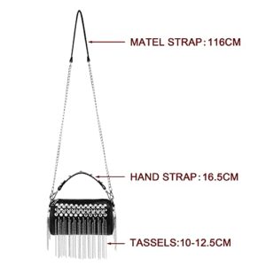 Primila Rhinestone Crossbody Handbag Clutch Fringe Rhinestone Purse Top Handle Rivet Tote Shoulder Punk Party Club Bag (Black,Small)