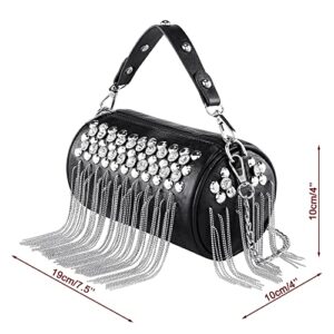 Primila Rhinestone Crossbody Handbag Clutch Fringe Rhinestone Purse Top Handle Rivet Tote Shoulder Punk Party Club Bag (Black,Small)