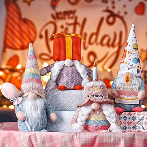 Birthday Gnomes Plush Elf Decoration, 4PCS Handmade Birthday Cake Gift-Box Candle Balloon Gnomes for Presents, Home Farmhouse Table Ornament Tiered Tray Party Decor