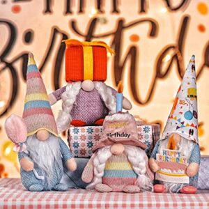 Birthday Gnomes Plush Elf Decoration, 4PCS Handmade Birthday Cake Gift-Box Candle Balloon Gnomes for Presents, Home Farmhouse Table Ornament Tiered Tray Party Decor