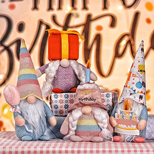 Birthday Gnomes Plush Elf Decoration, 4PCS Handmade Birthday Cake Gift-Box Candle Balloon Gnomes for Presents, Home Farmhouse Table Ornament Tiered Tray Party Decor