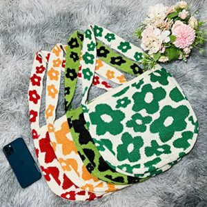 Women Knitted Shoulder Bag Flower Print Messenger Bag Stylish Vintage Hobo Bag Large Capacity Knit Tote Bags