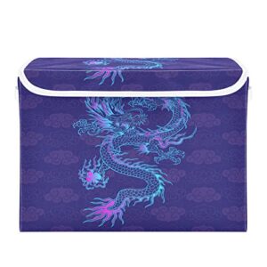 xigua purple chinese dragon storage bins with lids foldable large cube storage boxes with handles for home bedroom closet office (16.5×12.6×11.8 in)#40