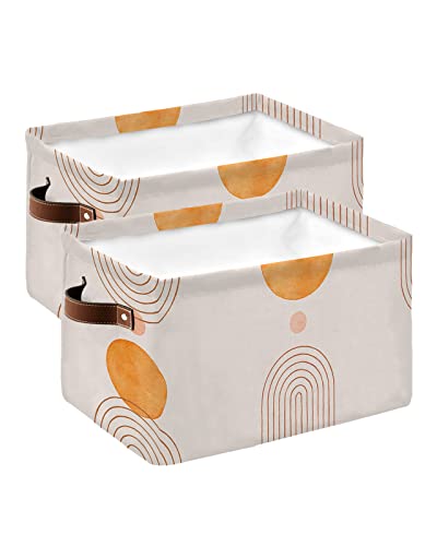 Modern Orange Cube Storage Organizer Bins with Handles,2-PC Collapsible Canvas Cloth Fabric Storage Basket,Abstract Middle Century Geometry Art Circle Books Kids' Toys Bin Boxes for Shelves