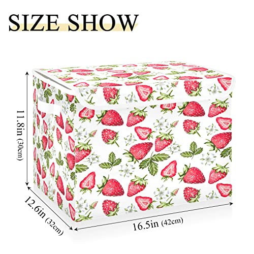 xigua Strawberry Floral Storage Bins with Lids Foldable Large Cube Storage Boxes with Handles for Home Bedroom Closet Office (16.5x12.6x11.8 in)#60