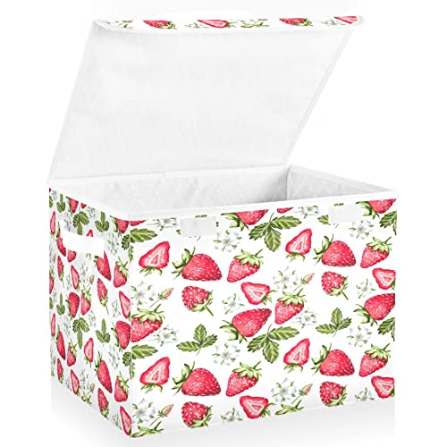 xigua Strawberry Floral Storage Bins with Lids Foldable Large Cube Storage Boxes with Handles for Home Bedroom Closet Office (16.5x12.6x11.8 in)#60