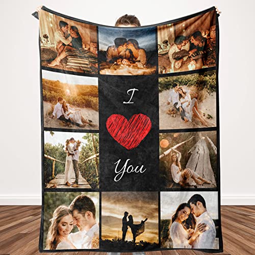 Custom Blanket Memorial Gift with Photo Text Collage - 10 Photos Customized Personalized Throw Blanket for Family, Mom, Dad, Kids, Wife or Lover, Gifts for Birthday Fathers Mothers Valentines Day