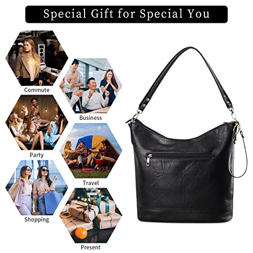 FUKUYIN Tote Handbag Shoulder Bag for Women - PU Soft Leather Hobo Bag Womens Purses - Ladies Large Crossbody Purse (Black)