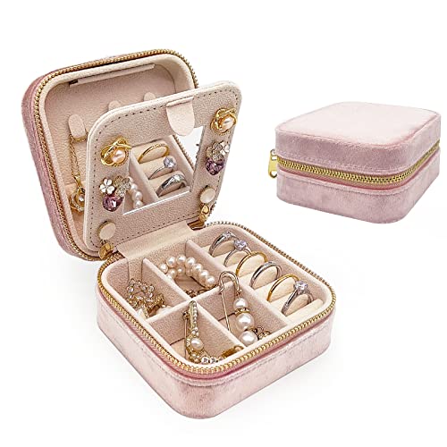 Soddeph Velvet Jewelry Box with Mirror,Mini Travel Jewelry Case, Plush Jewelry Travel Case, Small Portable Travel Jewelry Organizer, Gift for Women Girls (Prism pink)