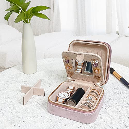 Soddeph Velvet Jewelry Box with Mirror,Mini Travel Jewelry Case, Plush Jewelry Travel Case, Small Portable Travel Jewelry Organizer, Gift for Women Girls (Prism pink)