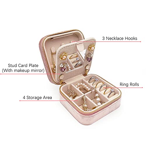 Soddeph Velvet Jewelry Box with Mirror,Mini Travel Jewelry Case, Plush Jewelry Travel Case, Small Portable Travel Jewelry Organizer, Gift for Women Girls (Prism pink)