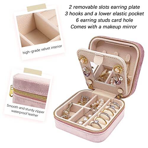 Soddeph Velvet Jewelry Box with Mirror,Mini Travel Jewelry Case, Plush Jewelry Travel Case, Small Portable Travel Jewelry Organizer, Gift for Women Girls (Prism pink)