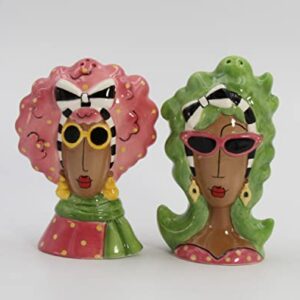 Fine Ceramic Dollymamas African American Black Fashion Lady with Sunglasses Salt & Pepper Shakers Set, 4-3/8" H