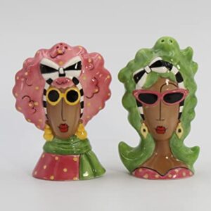 Fine Ceramic Dollymamas African American Black Fashion Lady with Sunglasses Salt & Pepper Shakers Set, 4-3/8" H