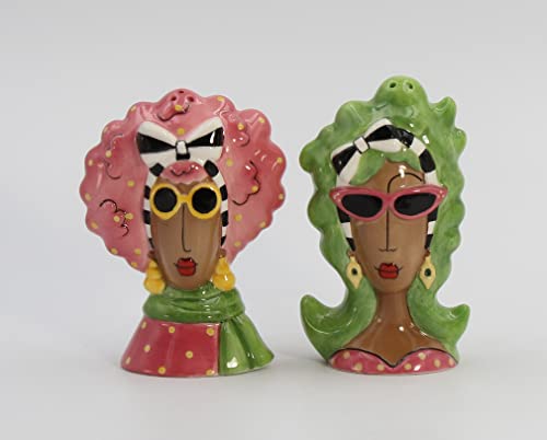 Fine Ceramic Dollymamas African American Black Fashion Lady with Sunglasses Salt & Pepper Shakers Set, 4-3/8" H