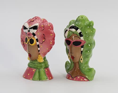 Fine Ceramic Dollymamas African American Black Fashion Lady with Sunglasses Salt & Pepper Shakers Set, 4-3/8" H