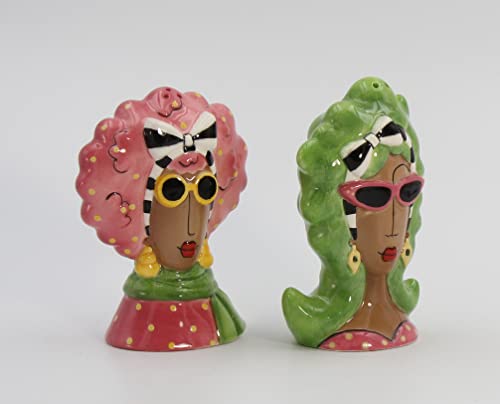 Fine Ceramic Dollymamas African American Black Fashion Lady with Sunglasses Salt & Pepper Shakers Set, 4-3/8" H