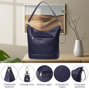 FUKUYIN Tote Shoulder Bag for Women PU Leather Large Capacity Hobo Purse and Handbag, with Zip Pockets Shoulder Strap (Navy Blue)