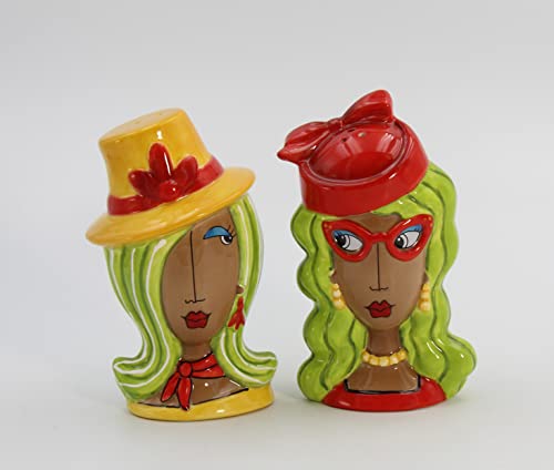 Fine Ceramic Dollymamas African American Black Fashion Lady with Hats Salt & Pepper Shakers Set, 4-1/2" H