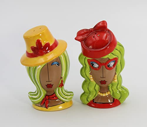 Fine Ceramic Dollymamas African American Black Fashion Lady with Hats Salt & Pepper Shakers Set, 4-1/2" H