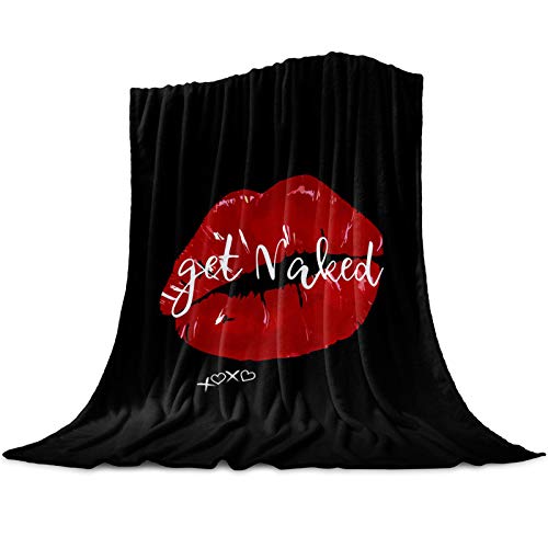 Soft Flannel Fleece Blanket Lips Sexy Get Naked Breathable Throw Blanket Black Red Cozy Blanket for Couch Sofa Bed Living Room Suitable for All Season - 40x50 inch