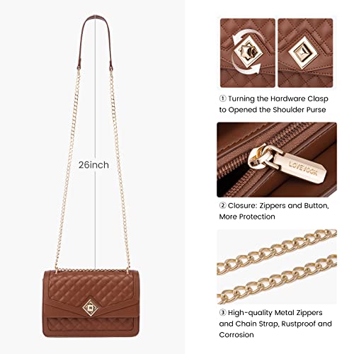 LOVEVOOK Brown Crossbody Bags for Women Quilted Designer Purses and Handbags, Ladies Shoulder Chain Purse