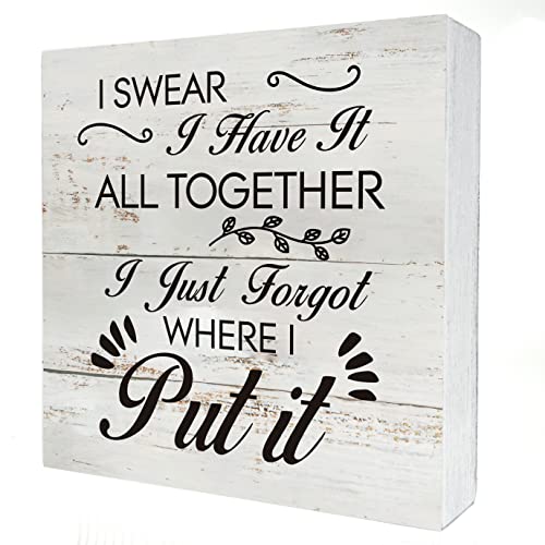 Funny Office I Swear I Have It All Together Wooden Box Sign Desk Decor Rustic Humorous Work Wood Block Plaque Box Sign for Home Living Room Shelf Table Decoration (5 X 5 Inch)