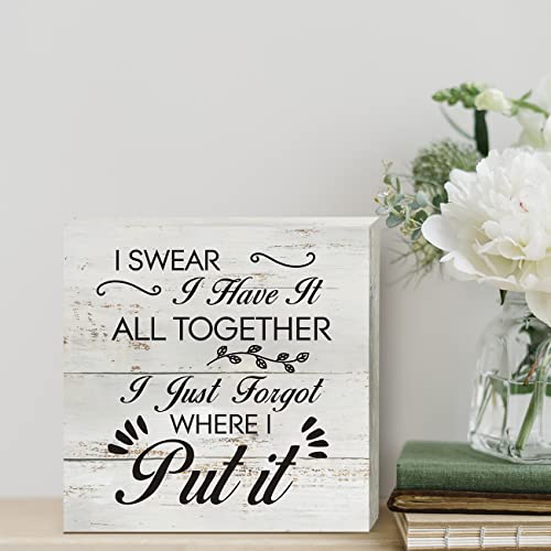 Funny Office I Swear I Have It All Together Wooden Box Sign Desk Decor Rustic Humorous Work Wood Block Plaque Box Sign for Home Living Room Shelf Table Decoration (5 X 5 Inch)