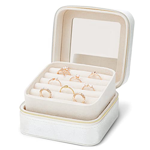 V-LAFUYLIFE Travel Velvet Jewelry Box, Mini Portable Jewelry Case, Gifts Boxes for Women Girls, Small Earring Organizer Boxes with Mirror for Rings Earrings (White)