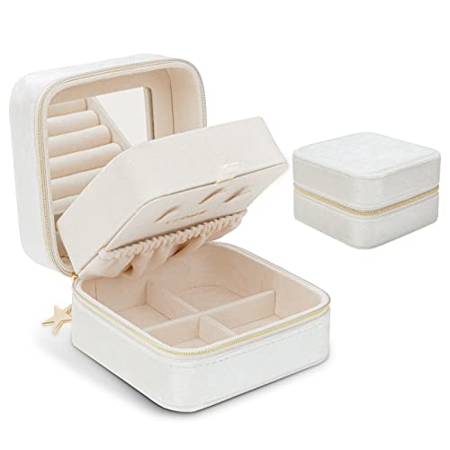 V-LAFUYLIFE Travel Velvet Jewelry Box, Mini Portable Jewelry Case, Gifts Boxes for Women Girls, Small Earring Organizer Boxes with Mirror for Rings Earrings (White)