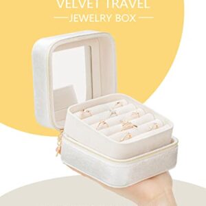 V-LAFUYLIFE Travel Velvet Jewelry Box, Mini Portable Jewelry Case, Gifts Boxes for Women Girls, Small Earring Organizer Boxes with Mirror for Rings Earrings (White)