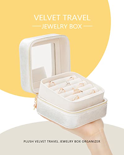 V-LAFUYLIFE Travel Velvet Jewelry Box, Mini Portable Jewelry Case, Gifts Boxes for Women Girls, Small Earring Organizer Boxes with Mirror for Rings Earrings (White)