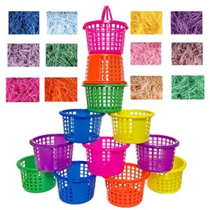 12+12 pcs plastic easter eggs baskets set with handles basket grass for kids candy eggs hunting,colorful round bulk easter basket buckets for egg hunts for festival party favors decorations