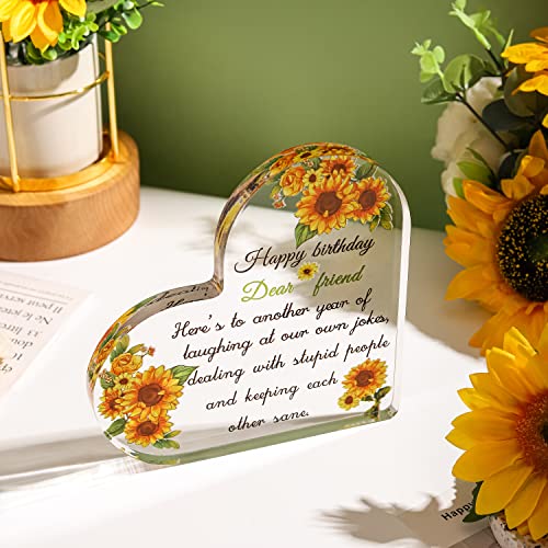 Best Friend Birthday Gifts for Women Friendship, Sunflower Gifts for Women Friends, Happy Birthday Gifts for Men Him Her, Funny Gifts for Women Birthday Unique, Sunflower Decor Acrylic Heart Plaque