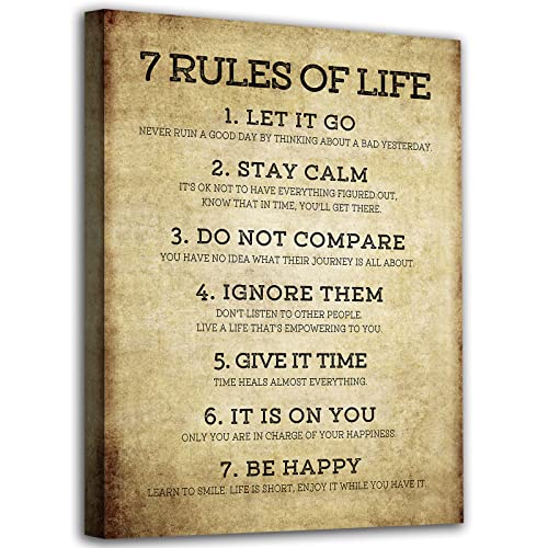 7 Rules of Life Wall Art Tan Inspirational Canvas Pictures Motivational Quotes for Office Wall Decor Retro Framed Canvas Prints for Living Room Bedroom Bathroom Home 12" x 16"